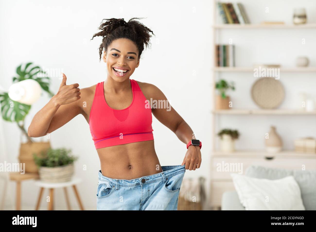 Slim African American Girl Gesturing Thumbs-Up Approving Diet Standing ...