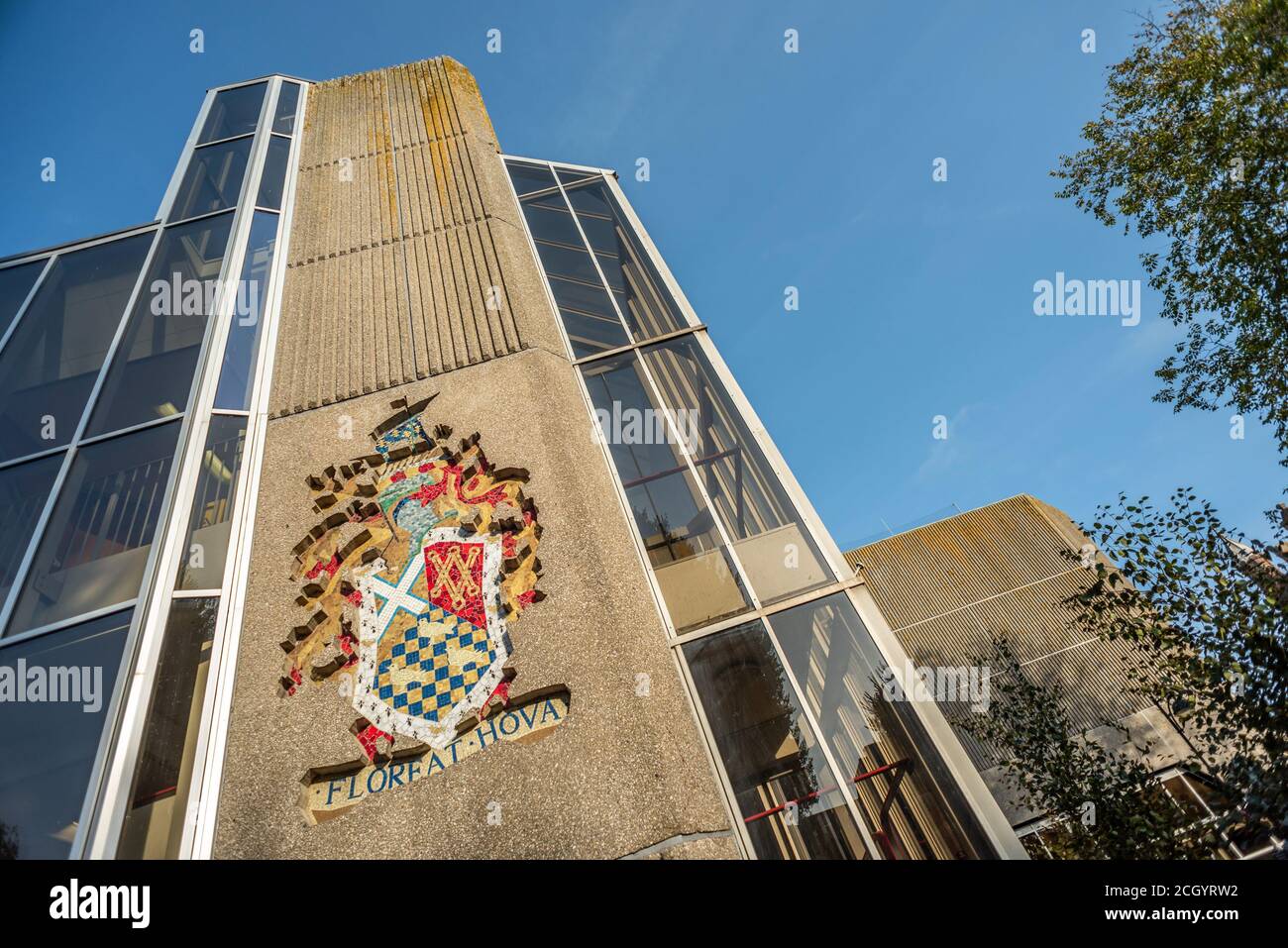 Brighton, September 12th 2020: Town coat-of-arms outside Hove Town Hall ...