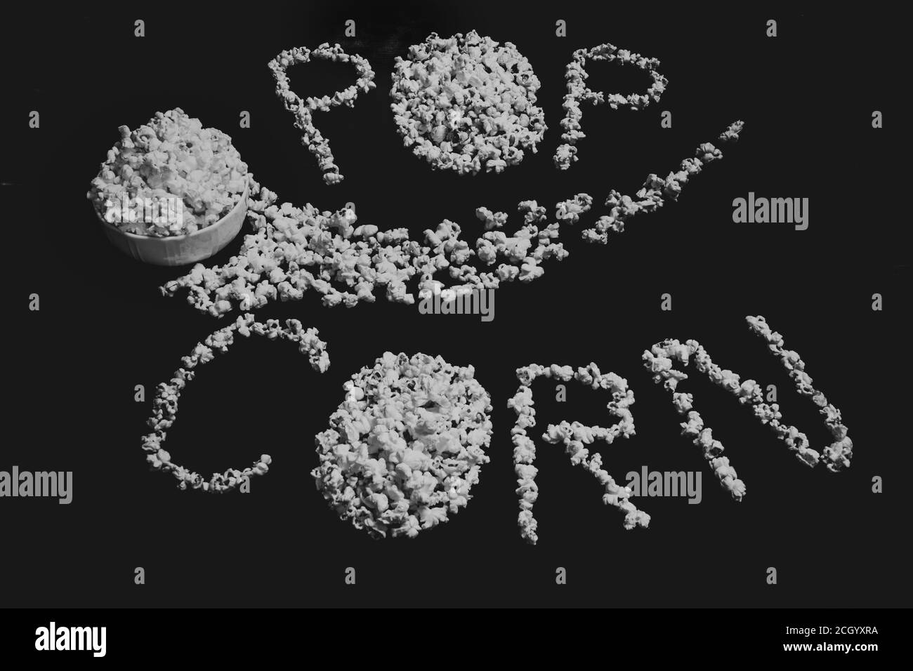 Popped Popcorn (maize kernels) and shaped in the word ‘popcorn’ Stock ...