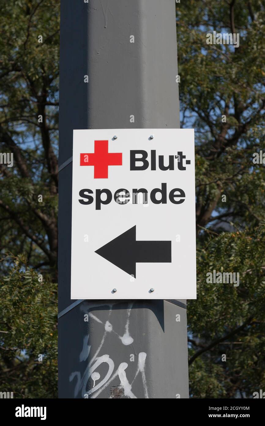 Sign with direction arrow, blood donation, Potsdam, Brandenburg ...
