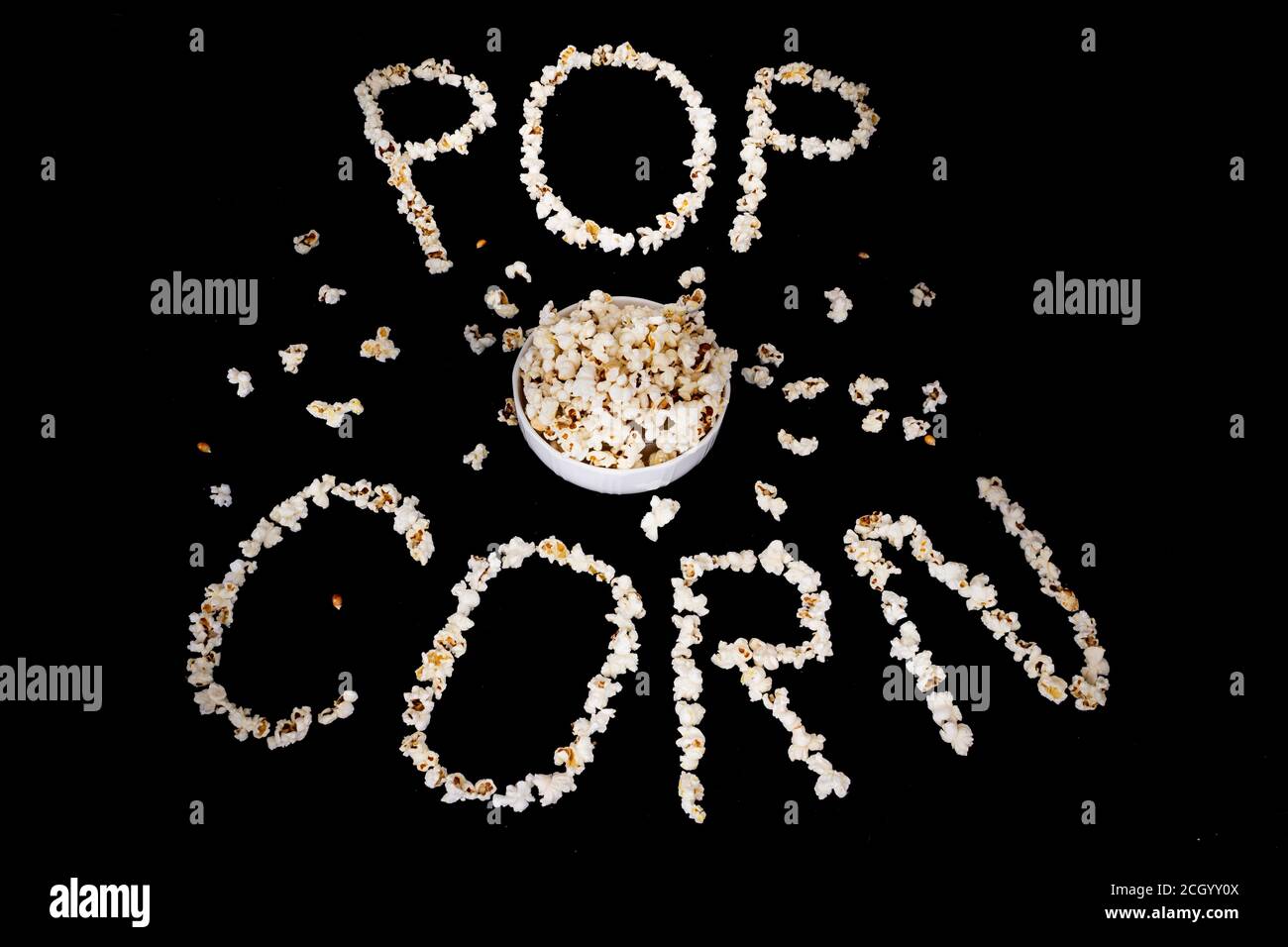 Popped Popcorn (maize kernels) and shaped in the word ‘popcorn’ Stock ...