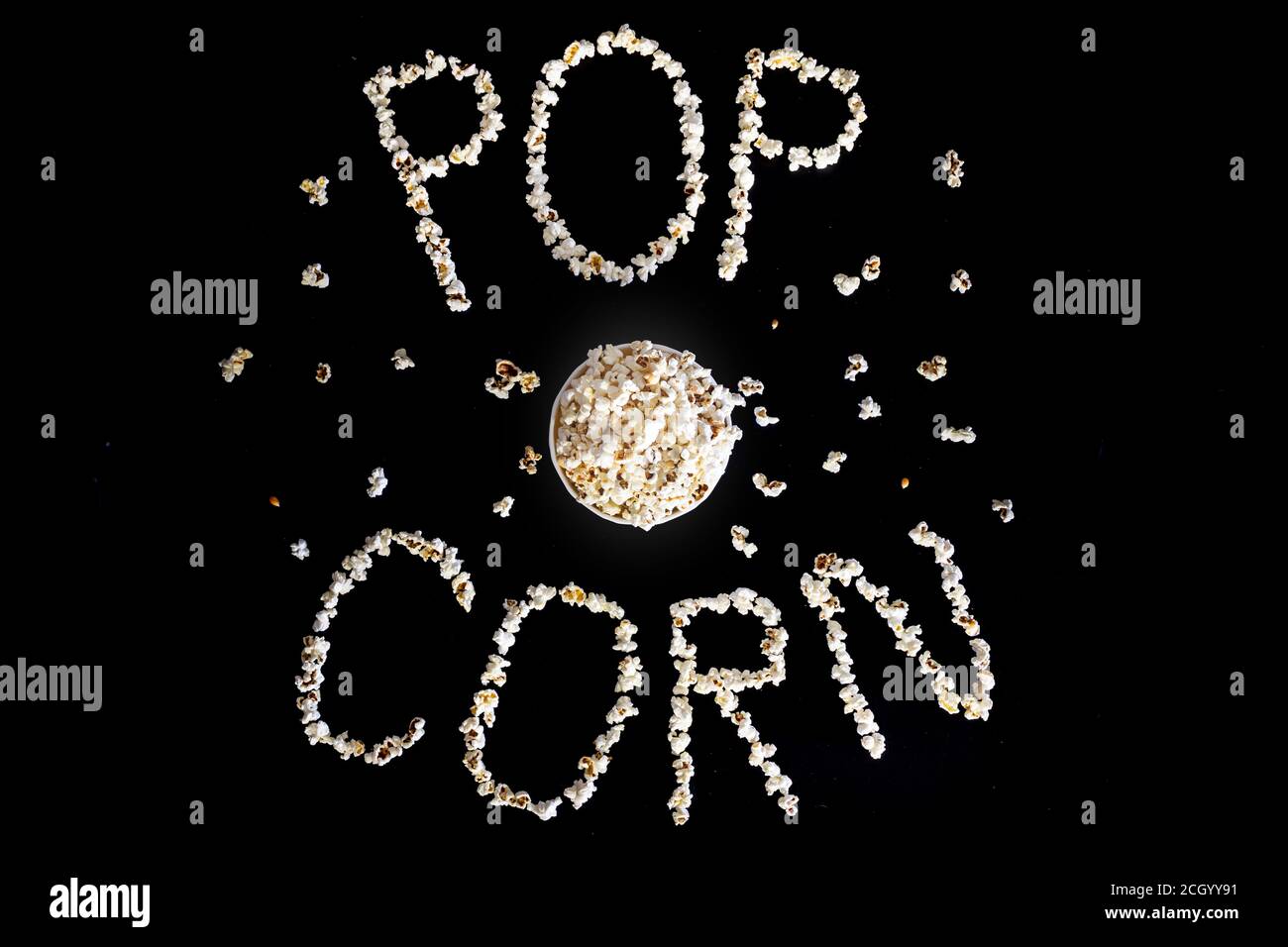 Popped Popcorn (maize kernels) and shaped in the word ‘popcorn’ Stock ...