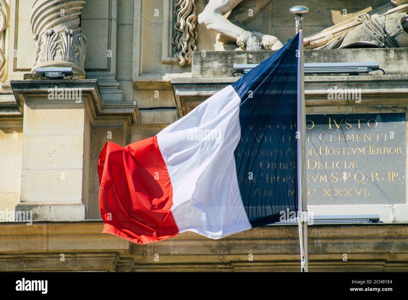 Reims France September 12, 2020 View of a French flag in the downtown ...