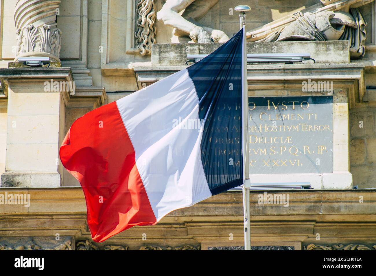 Reims France September 12, 2020 View of a French flag in the downtown ...