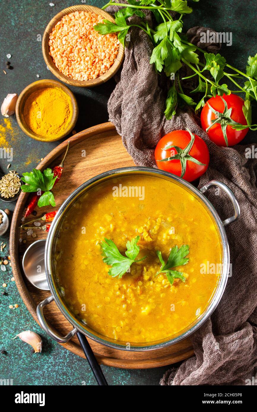 Indian cuisine. Traditional Indian spicy lentil puree soup with herbs ...