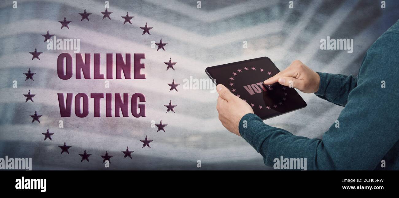Close up person hands using PC tablet for online voting, as pressing ...