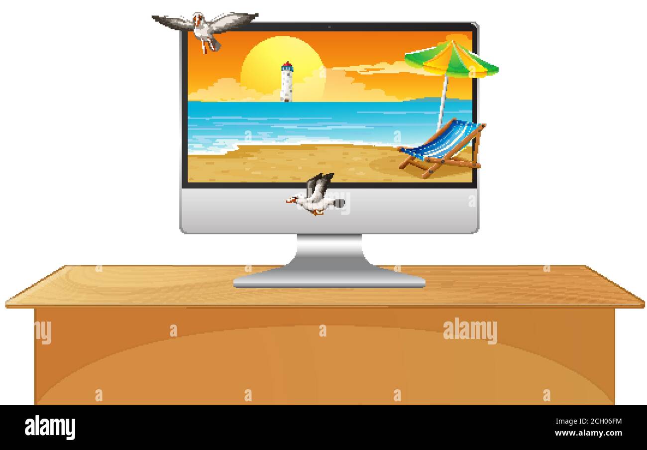 Summer scene on computer desktop illustration Stock Vector Image & Art ...