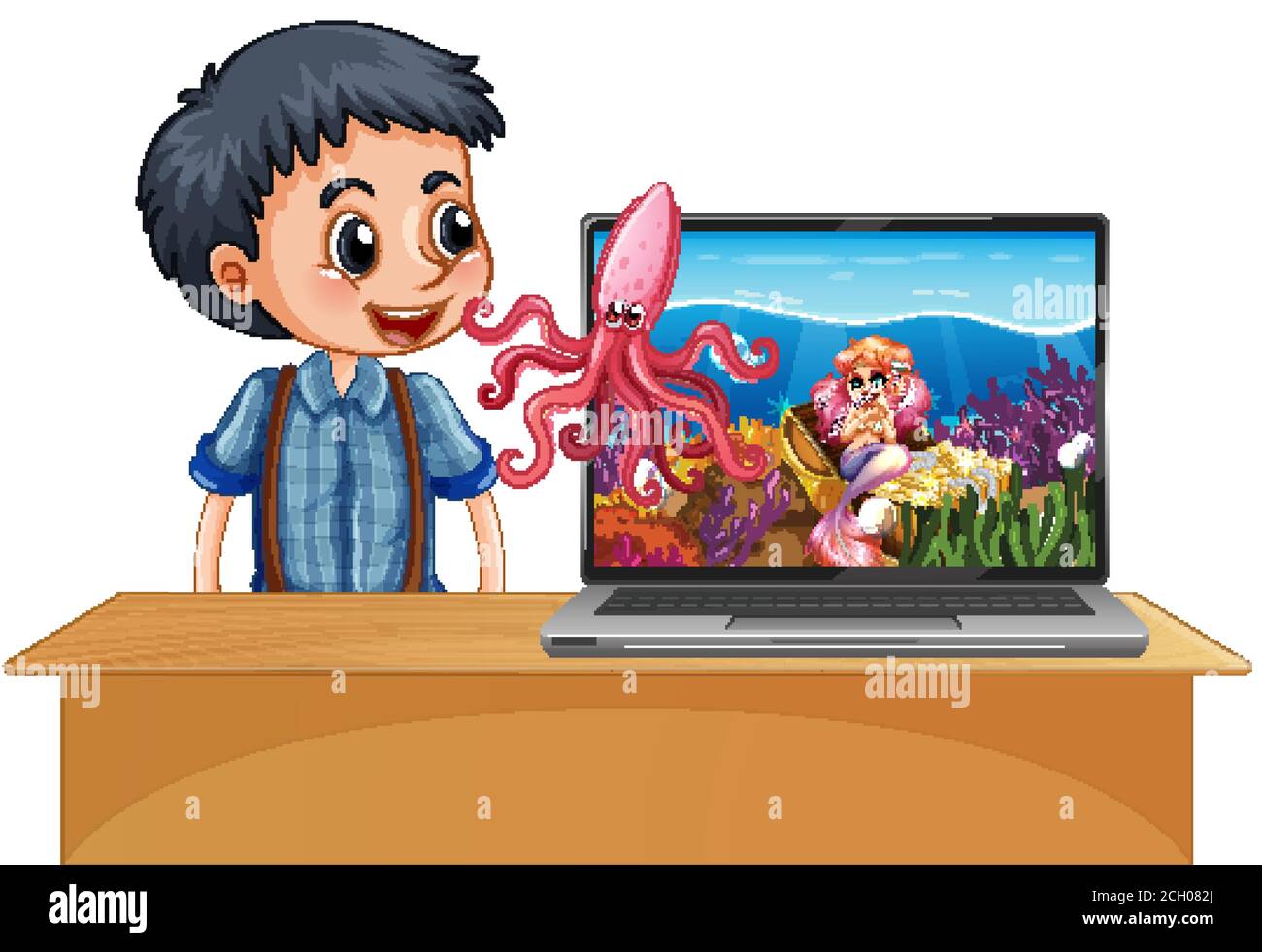 Boy next to laptop on the table with space theme desktop background ...