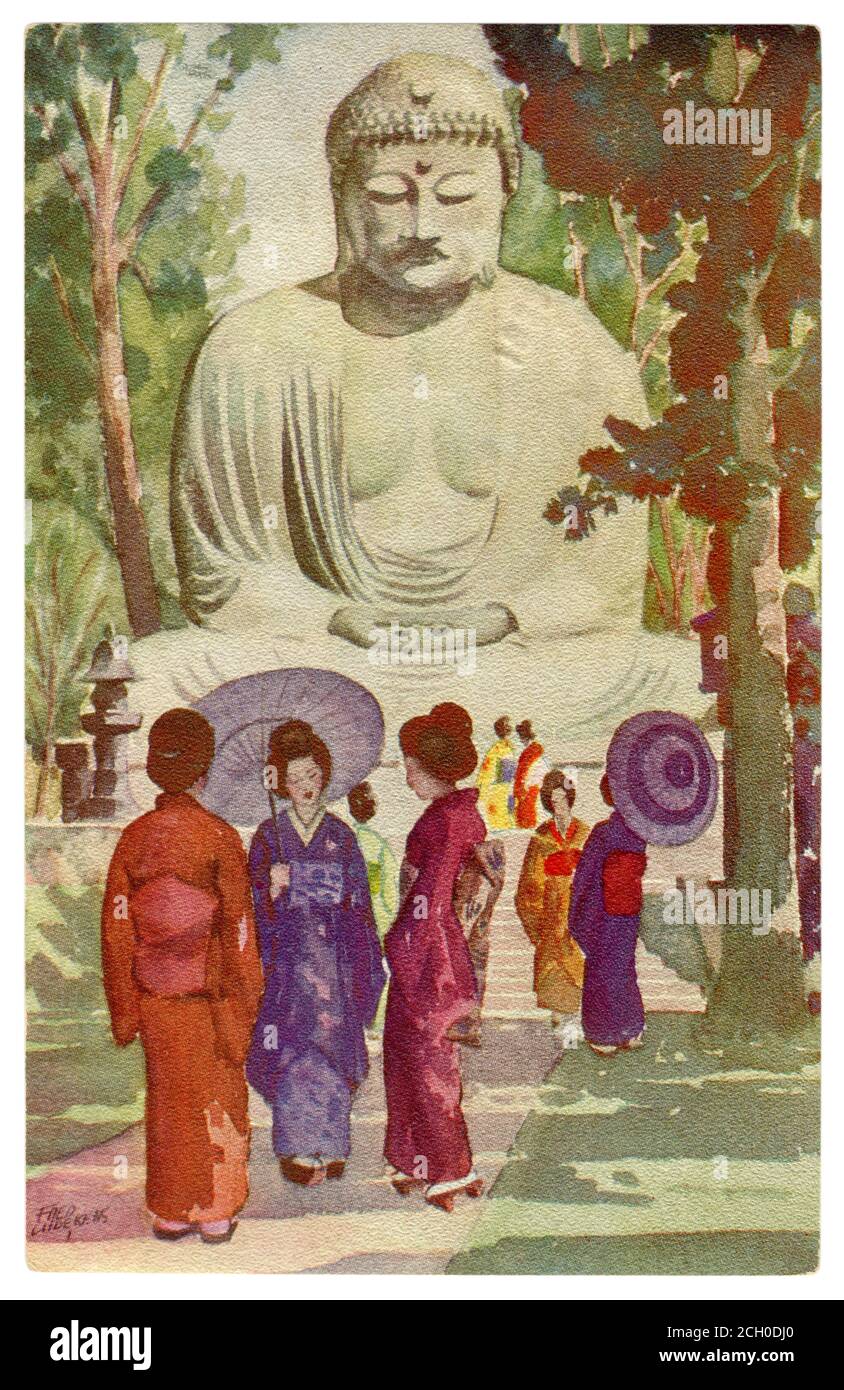 US historical postcard: the famous Daibutsu, Kamakura. Japanese women ...