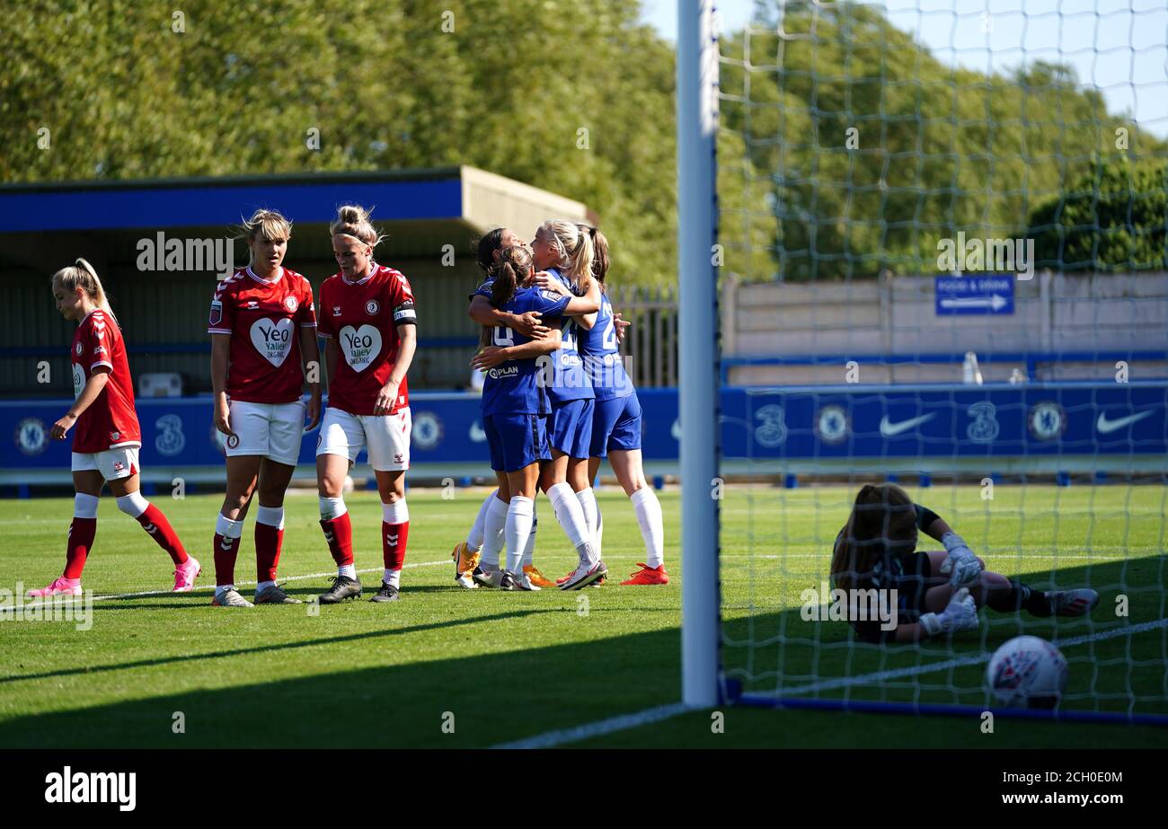 Chelsea's Pernille Harder (centre) celebrates scoring her side's eighth ...