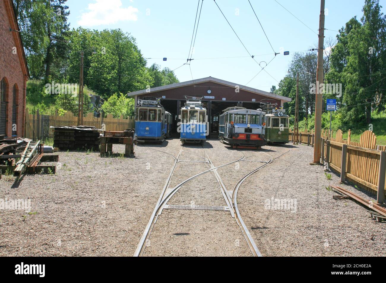 HISTORIC TRAMS in Malmköping Sweden. Trams outside the trams hall Stock ...