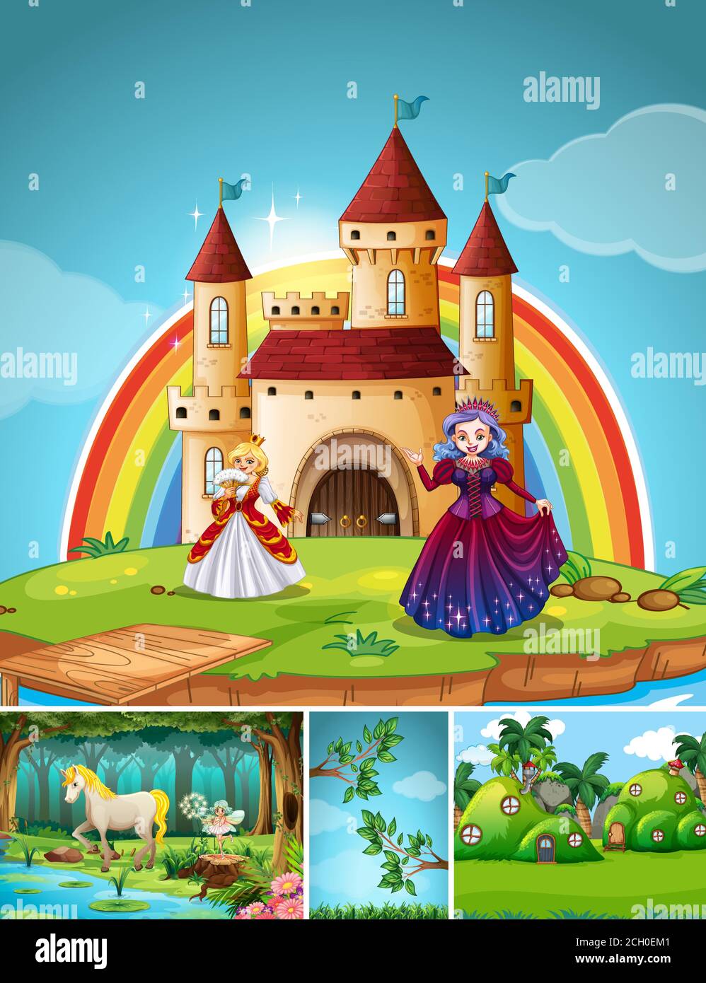 Four different scene of fantasy world with fantasy places and fantasy ...
