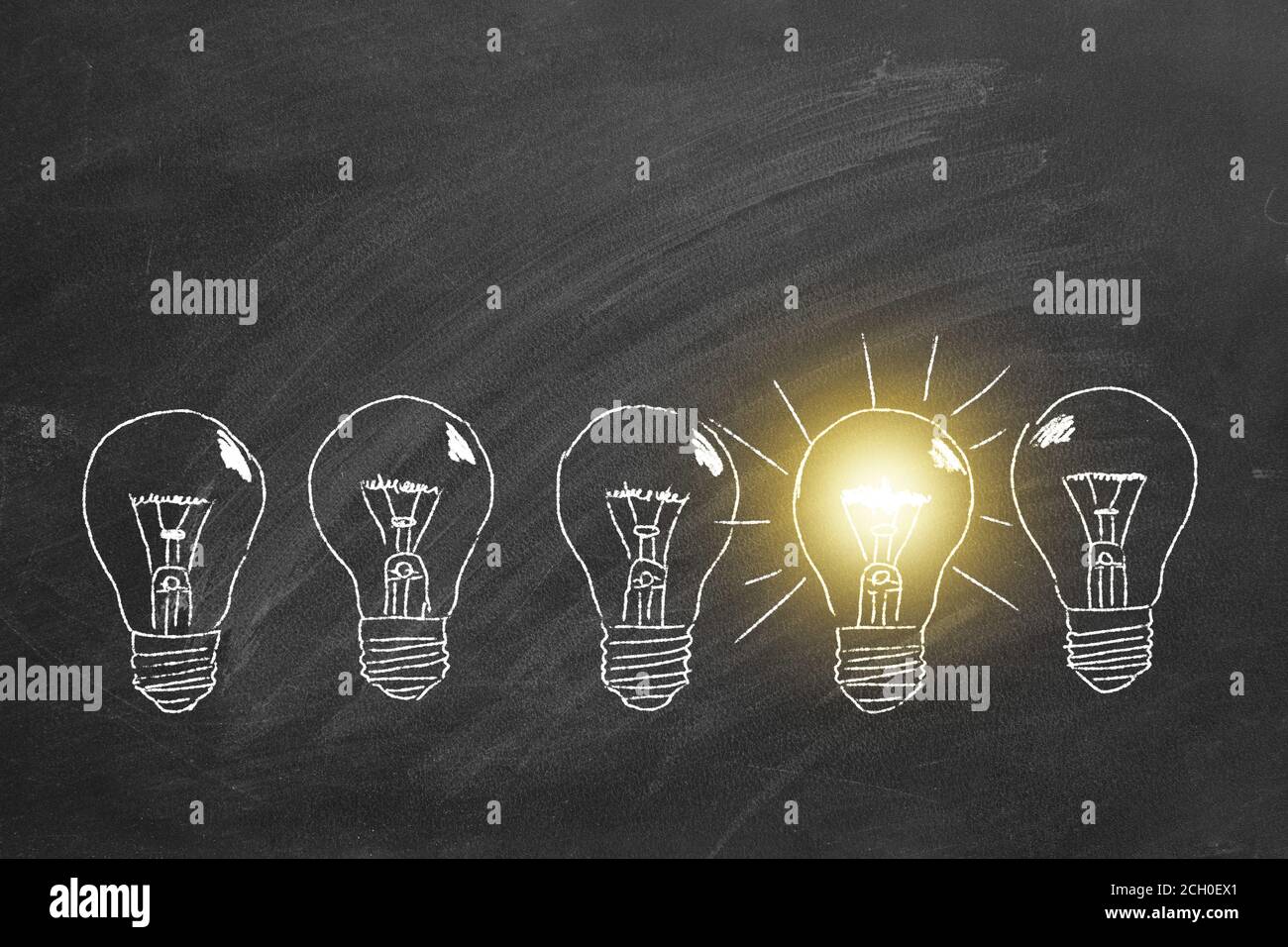 Row of light bulbs chalk drawing on blackboard. Concept of idea Stock ...