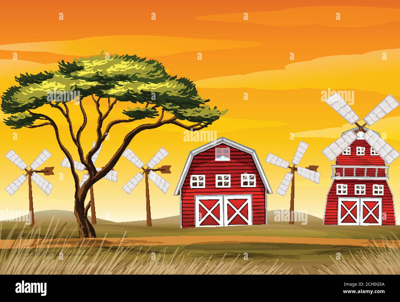 Farm scene in nature with barn and windmill illustration Stock Vector ...