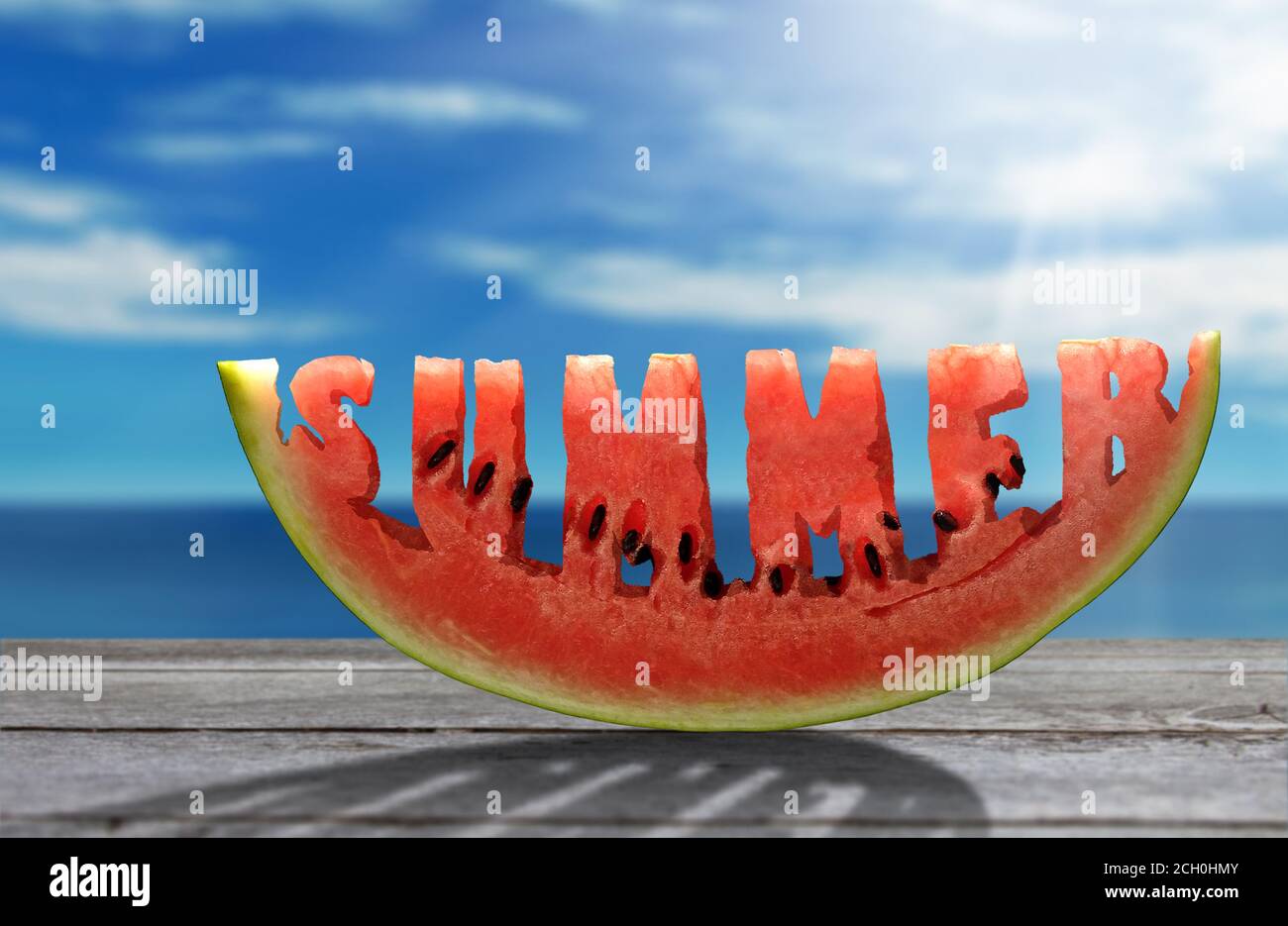 Word Summer carved in a slice of watermelon Stock Photo - Alamy