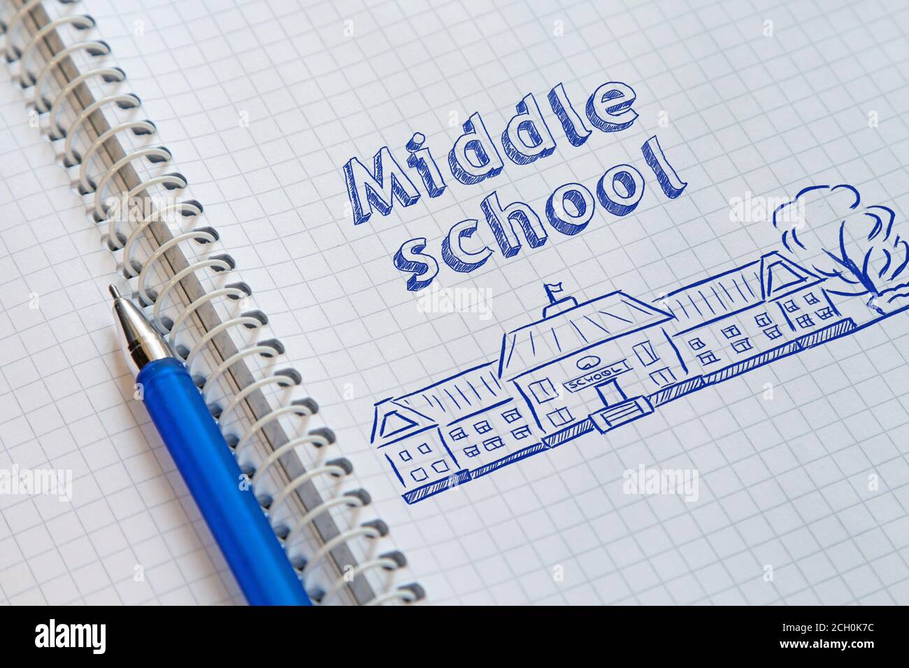 Notebook with a spiral in a cage and blue pen on it. On the left page ...