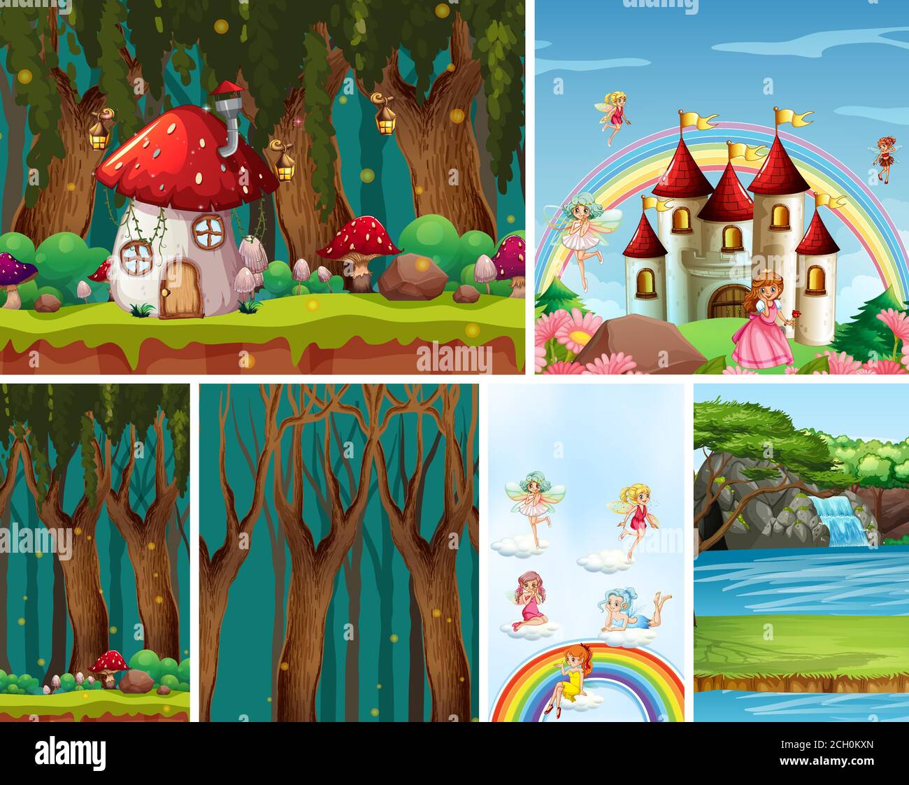 Six different scene of fantasy world with nature fantasy places and ...