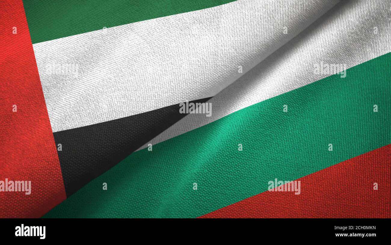 United Arab Emirates and Bulgaria two flags textile cloth, fabric ...