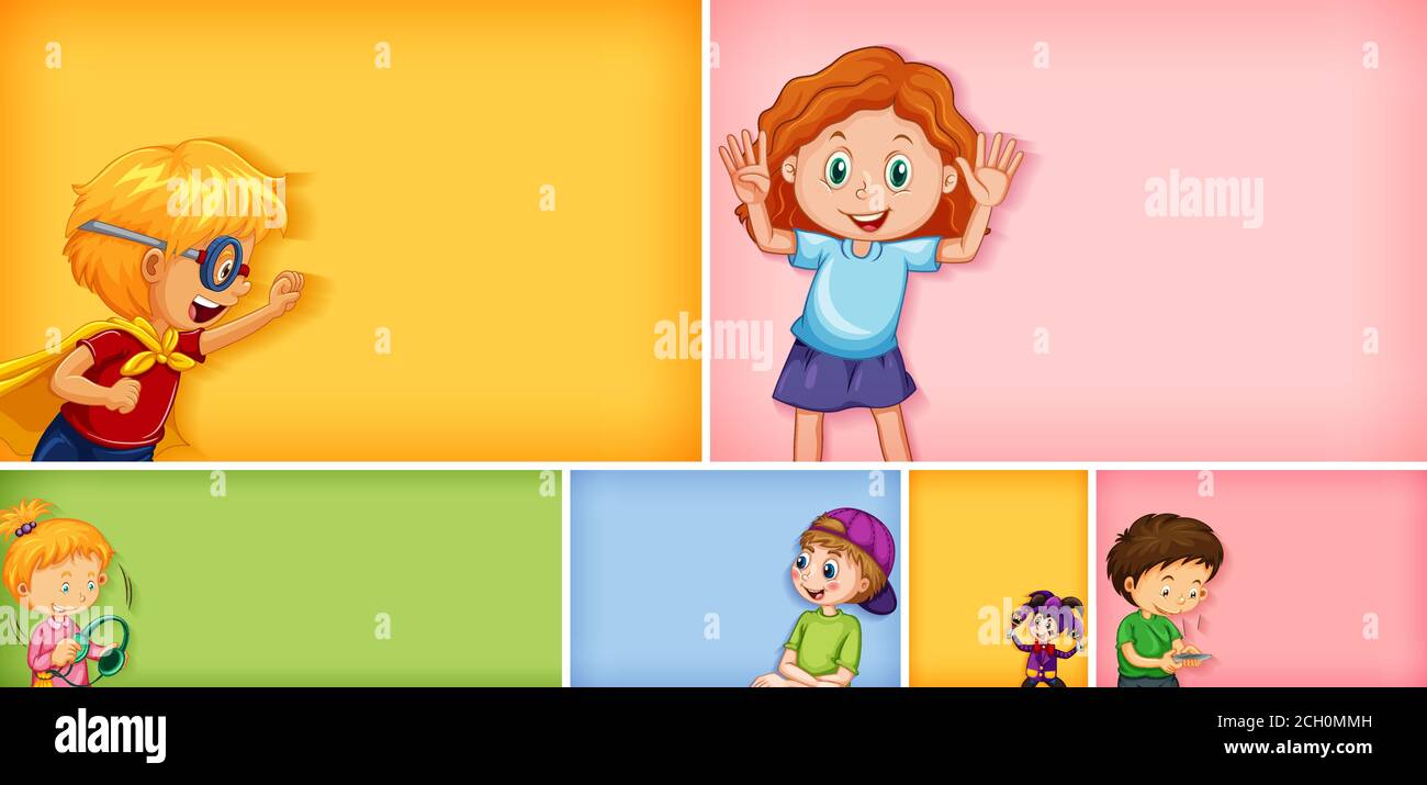 Set of different kid characters on different color background ...