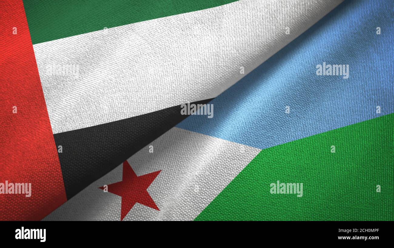 United Arab Emirates and Djibouti two flags textile cloth, fabric ...