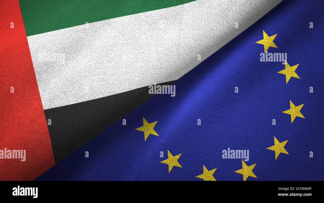 United Arab Emirates and European Union two flags textile cloth, fabric ...