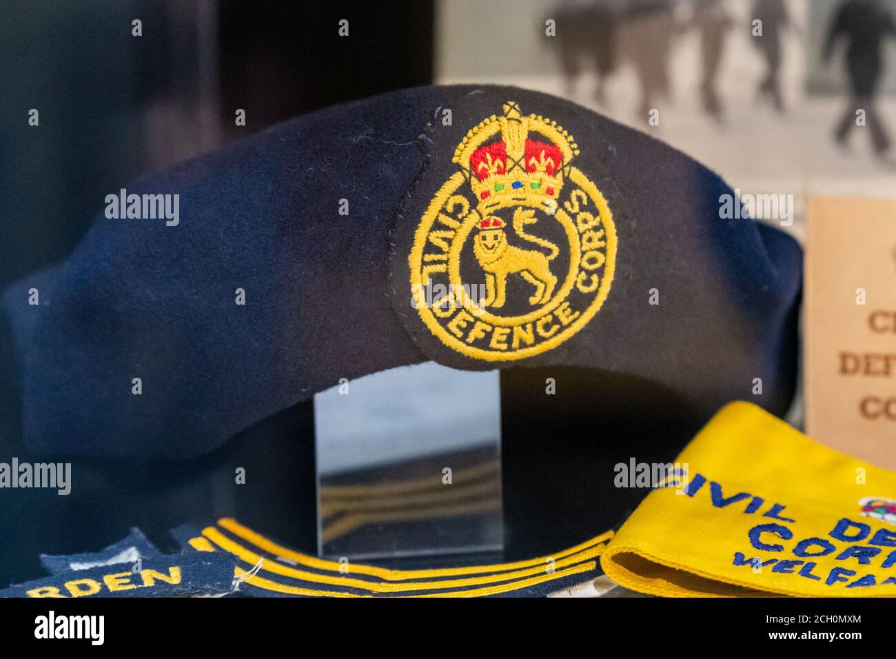 Civil Defence Corps beret hat on display in a museum in Aldershot, UK ...