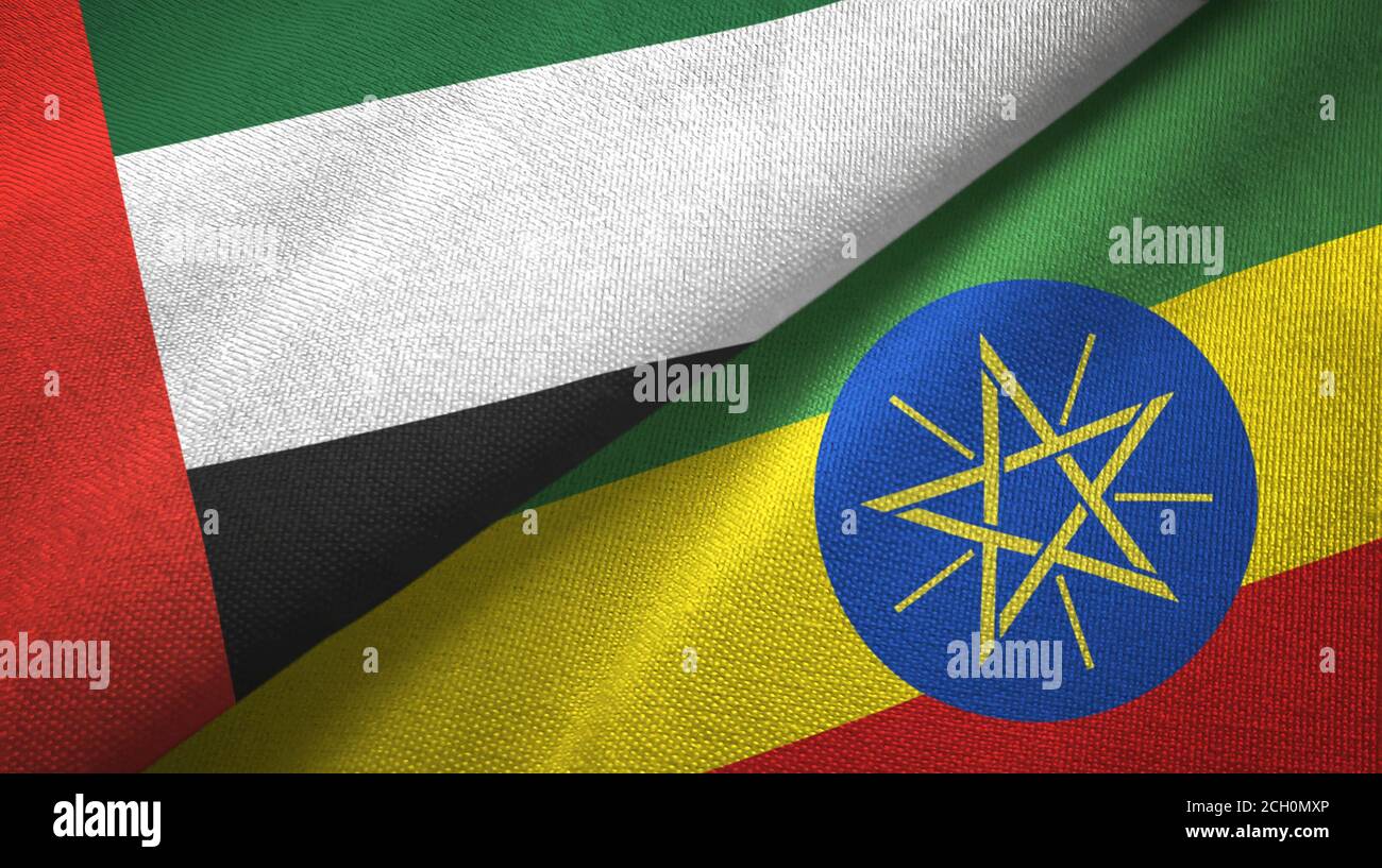 United Arab Emirates and Ethiopia two flags textile cloth, fabric ...