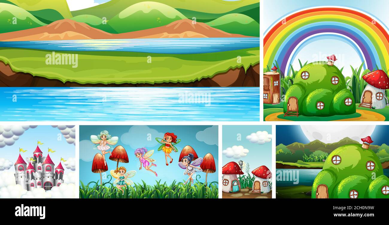 Six different scene of fantasy world with fantasy places and fantasy ...