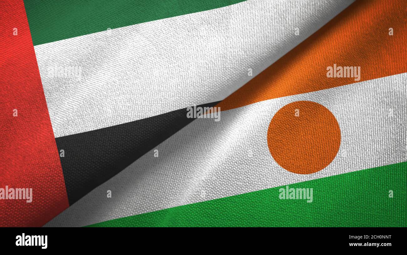 United Arab Emirates and Niger two flags textile cloth, fabric texture ...