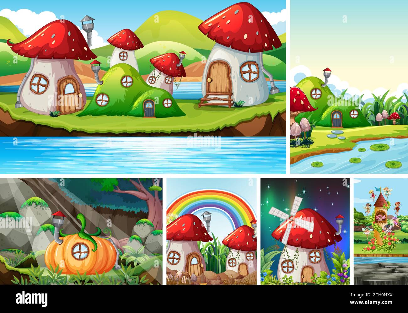 Six different scene of fantasy world with fantasy places and fantasy ...