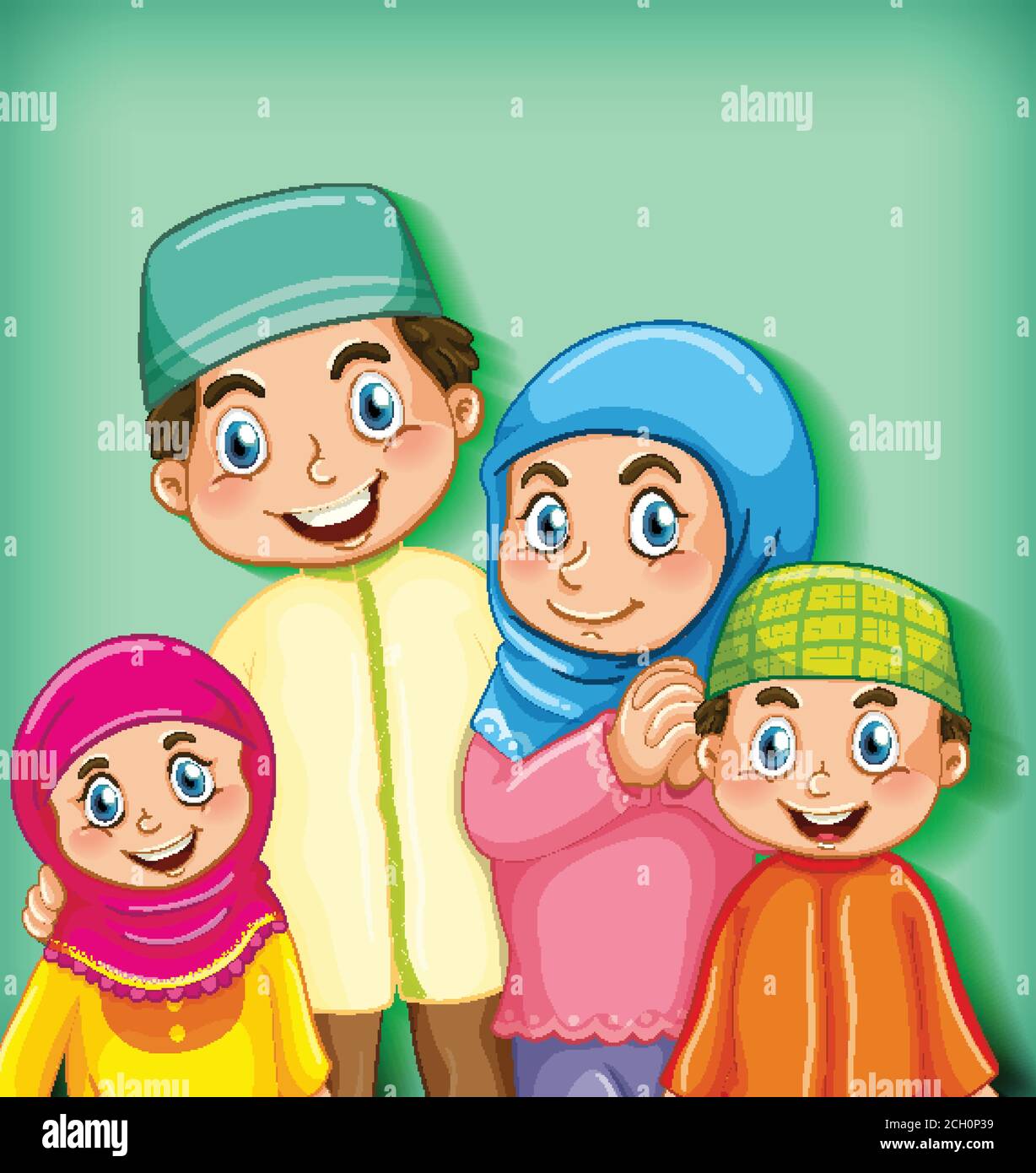 Muslim family member on cartoon character colour gradient background ...