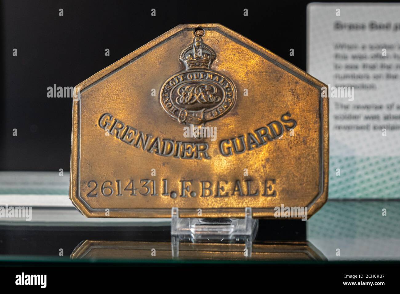 Metal Grenadier Guards badge on display in an army war museum in ...