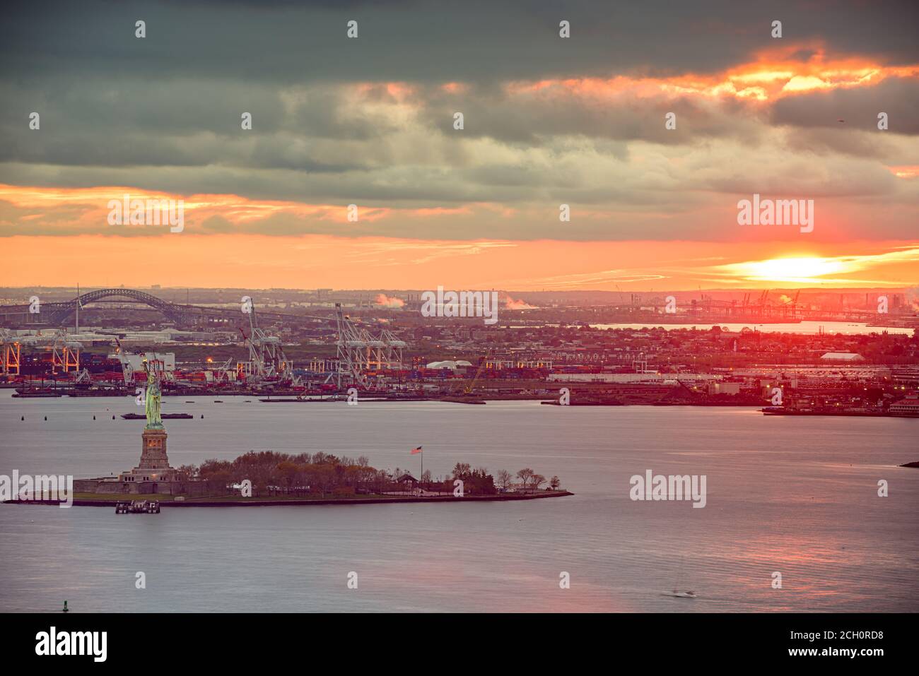 New York Harbor, New York, USA with the statue of liberty and Bayonne ...