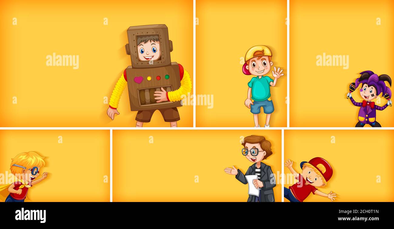 Set of different kid characters on yellow color background illustration ...