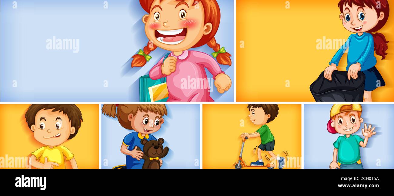 Set of different kid characters on different color background ...