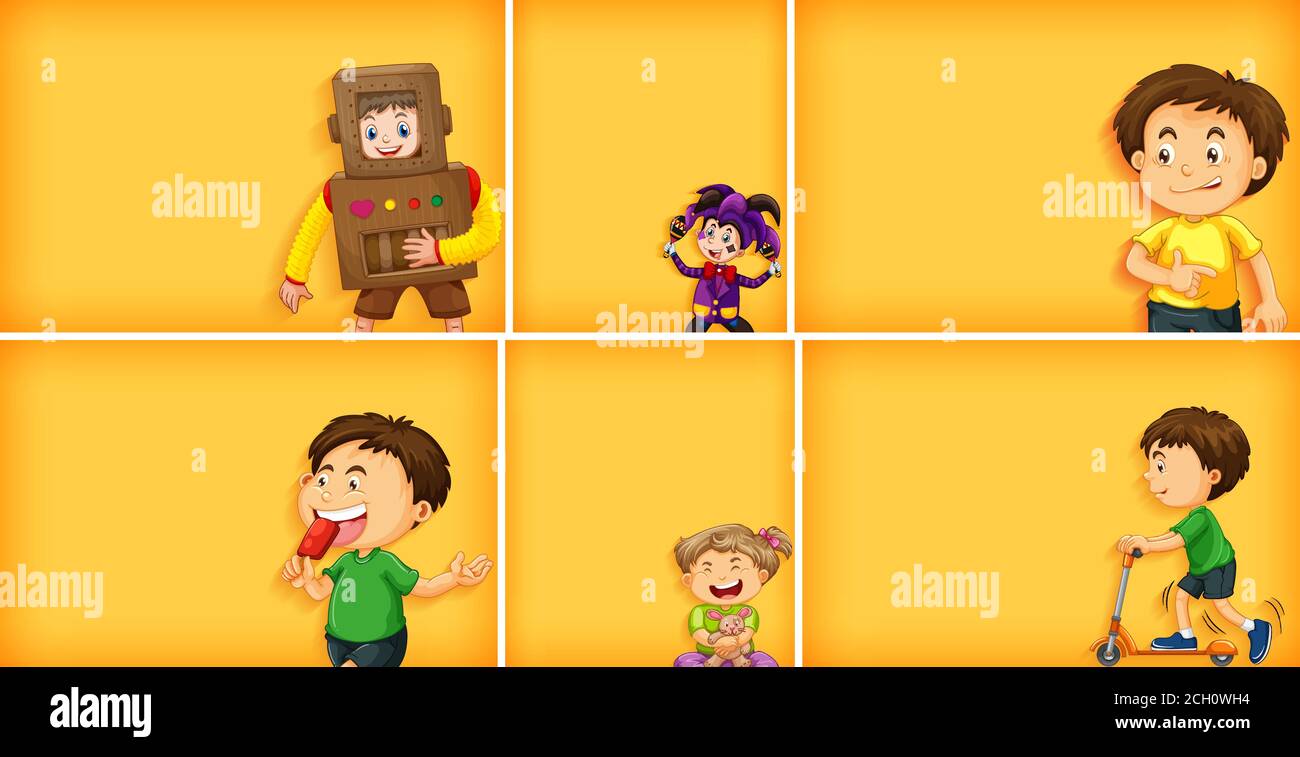 Set of different kid characters on yellow color background illustration ...