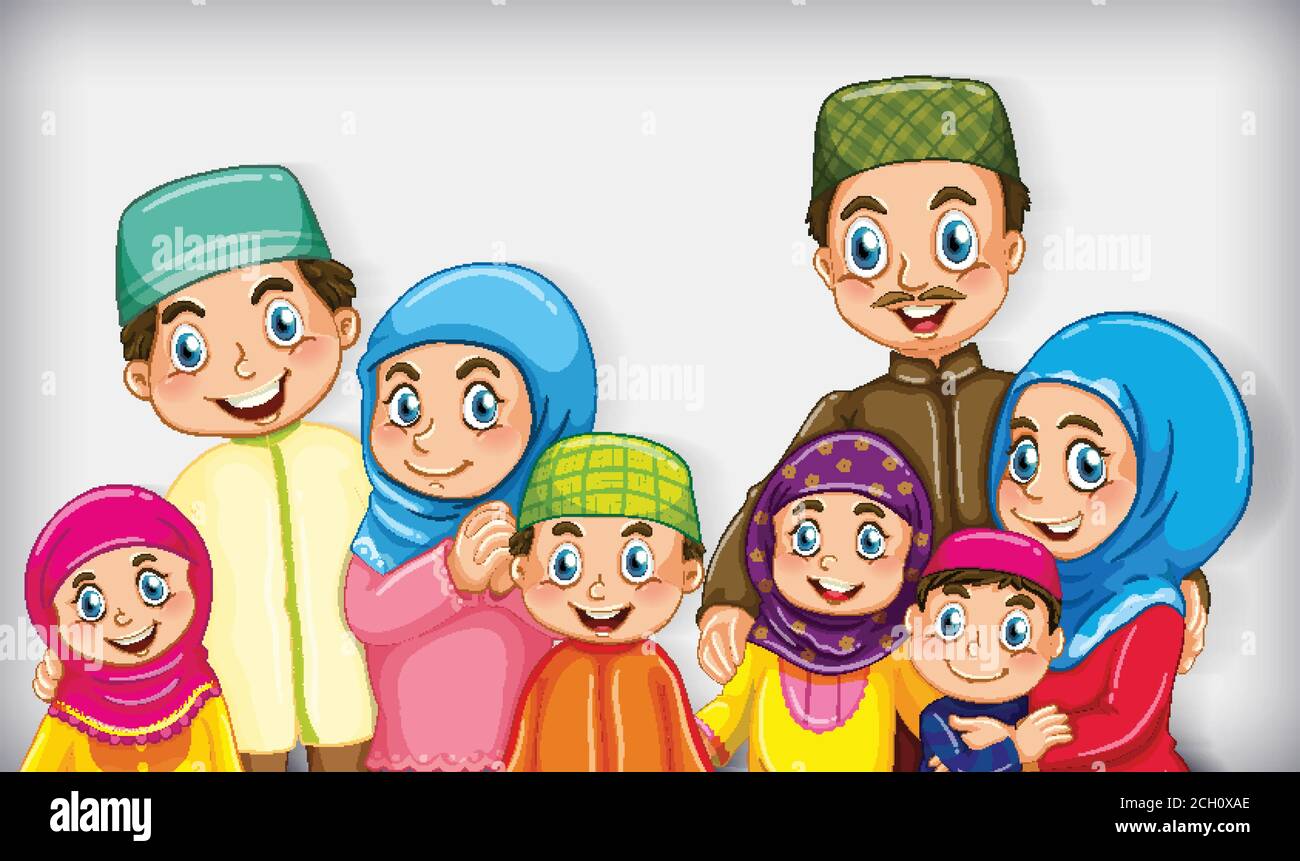 Muslim family member on cartoon character colour gradient background ...