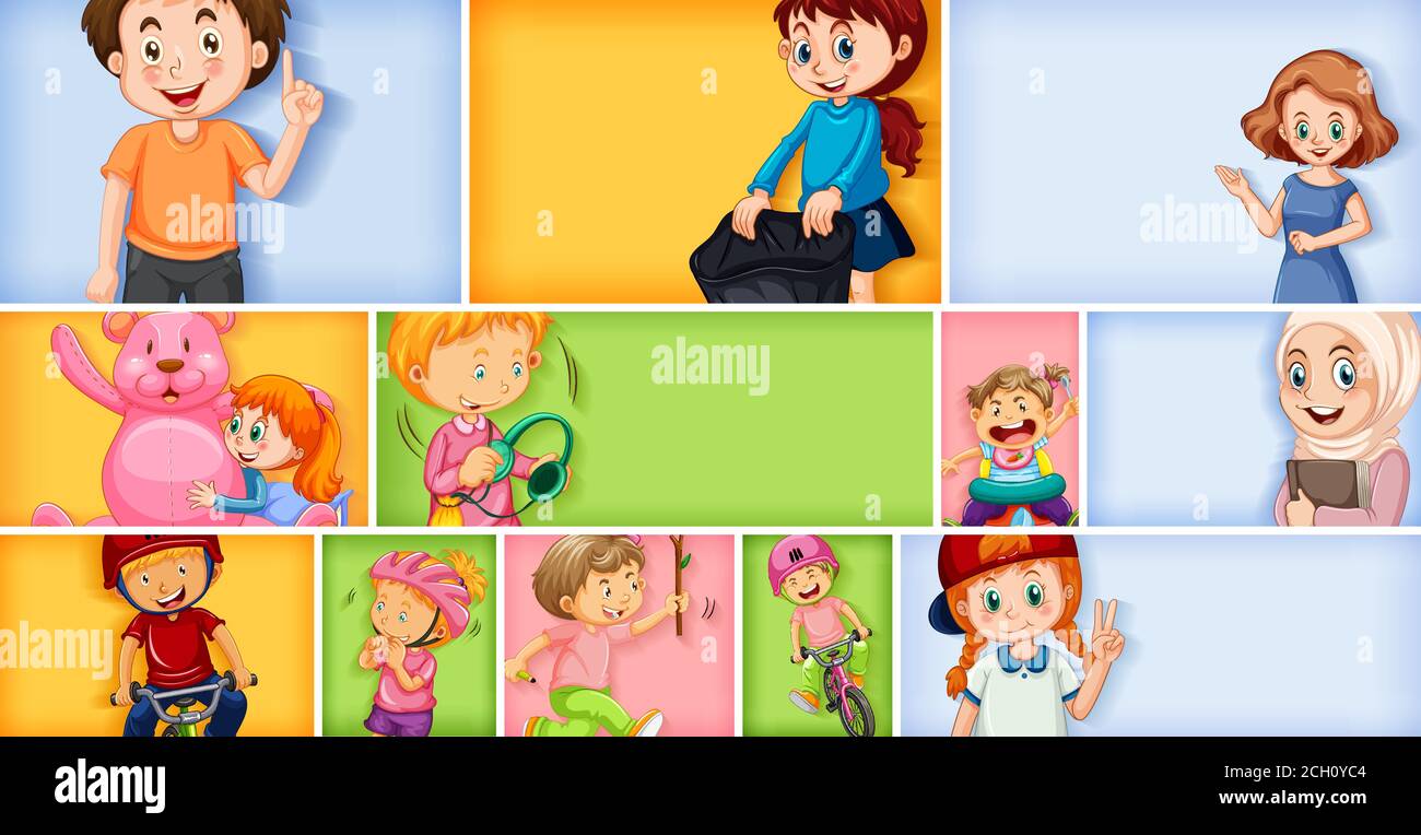 Set of different kid characters on different color background ...