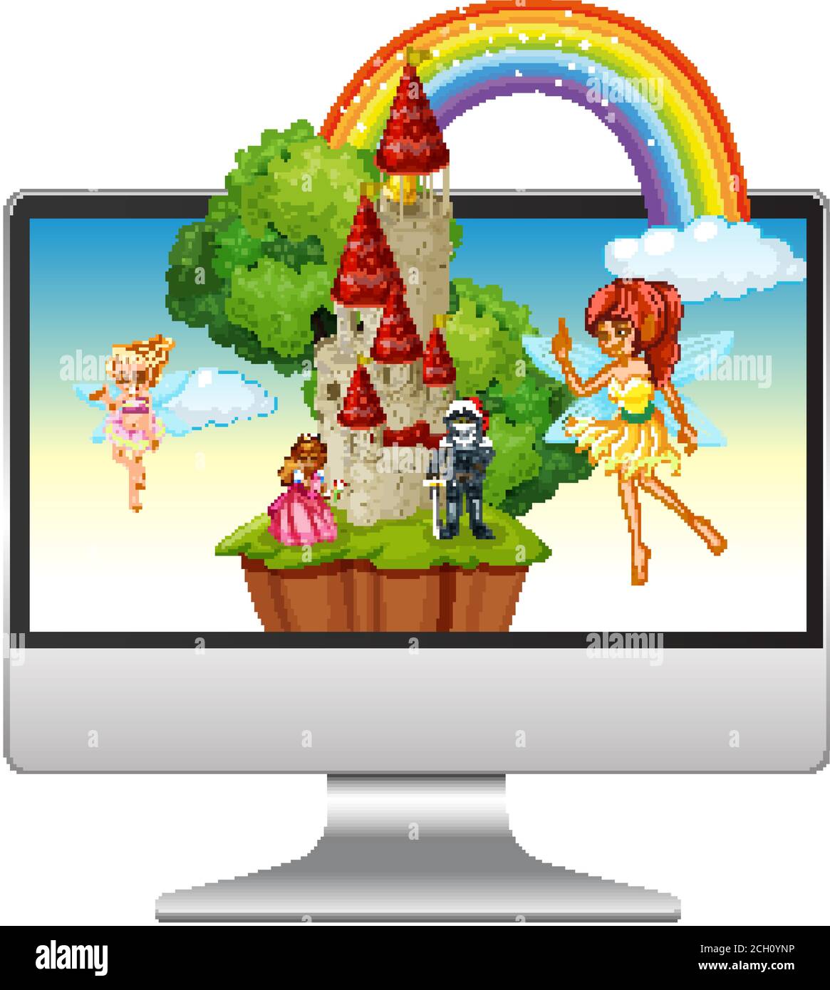 Computer with fairy tale desktop screen background illustration Stock ...
