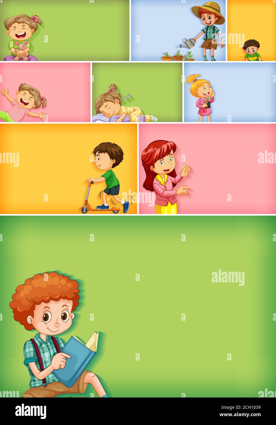 Set of different kid characters on different color background ...
