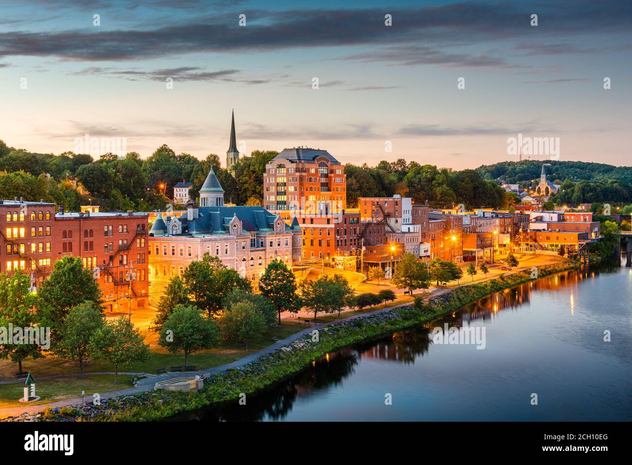 Augusta, Maine, USA skyline on the Kennebec River at twilight Stock ...