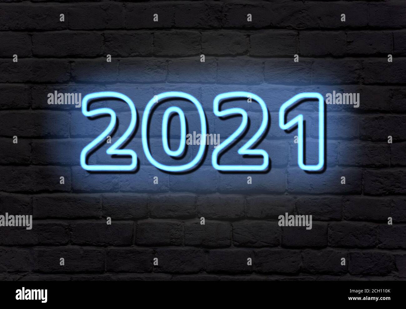 2021 blue neon sign text on brick wall, decoration Stock Photo - Alamy