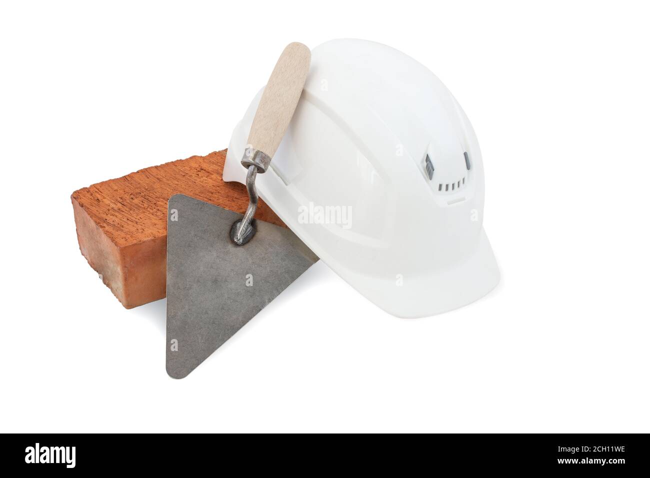 Bricklayer tools. Mason tools - Trowel, bricks and white hardhat ...