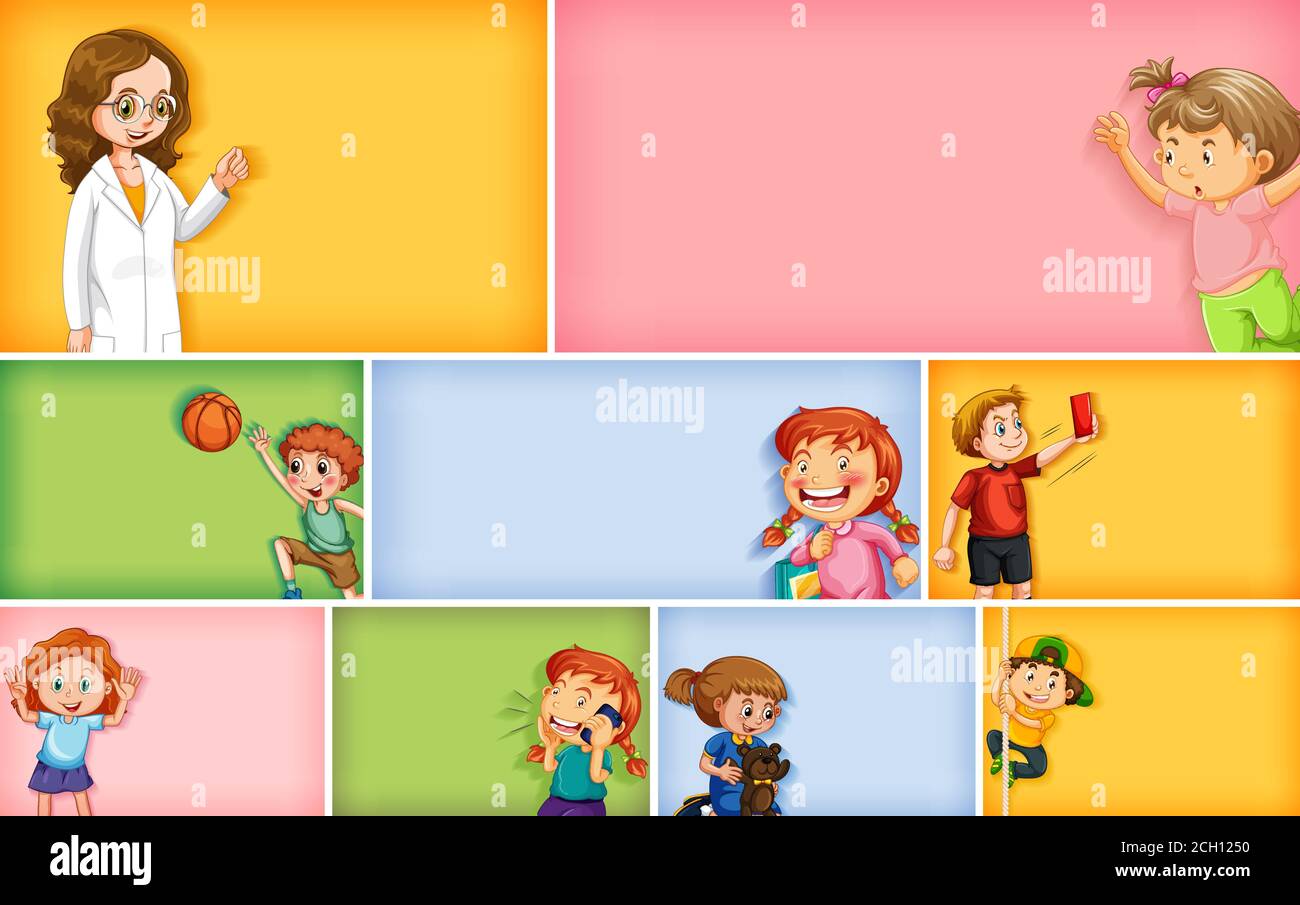 Set of different kid characters on different color background ...