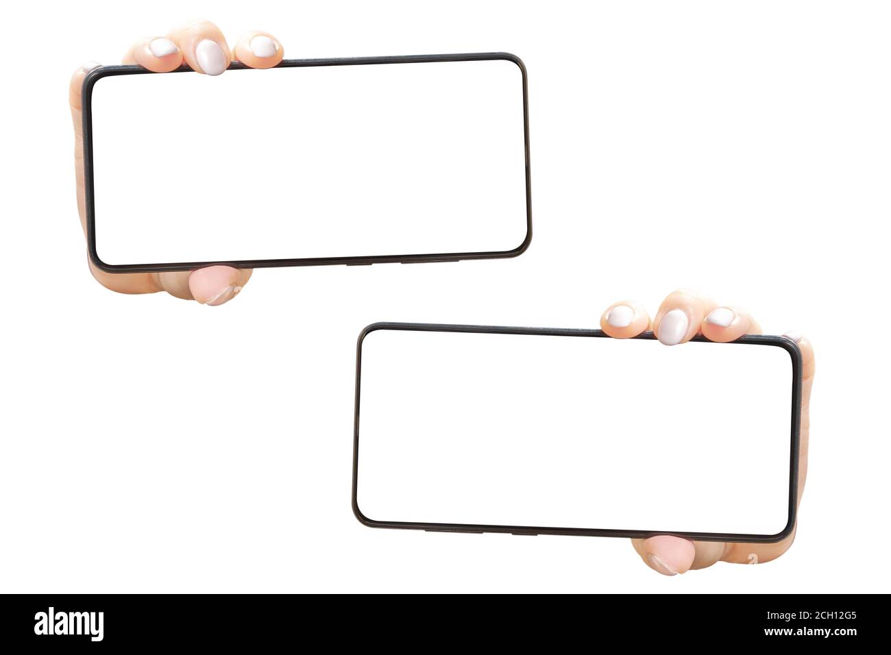 Woman's hand shows mobile smartphone with white screen in horizontal ...