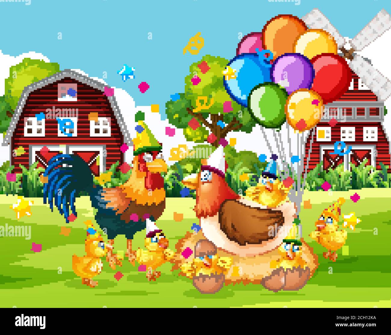 Many chickens in party theme in farm background illustration Stock ...