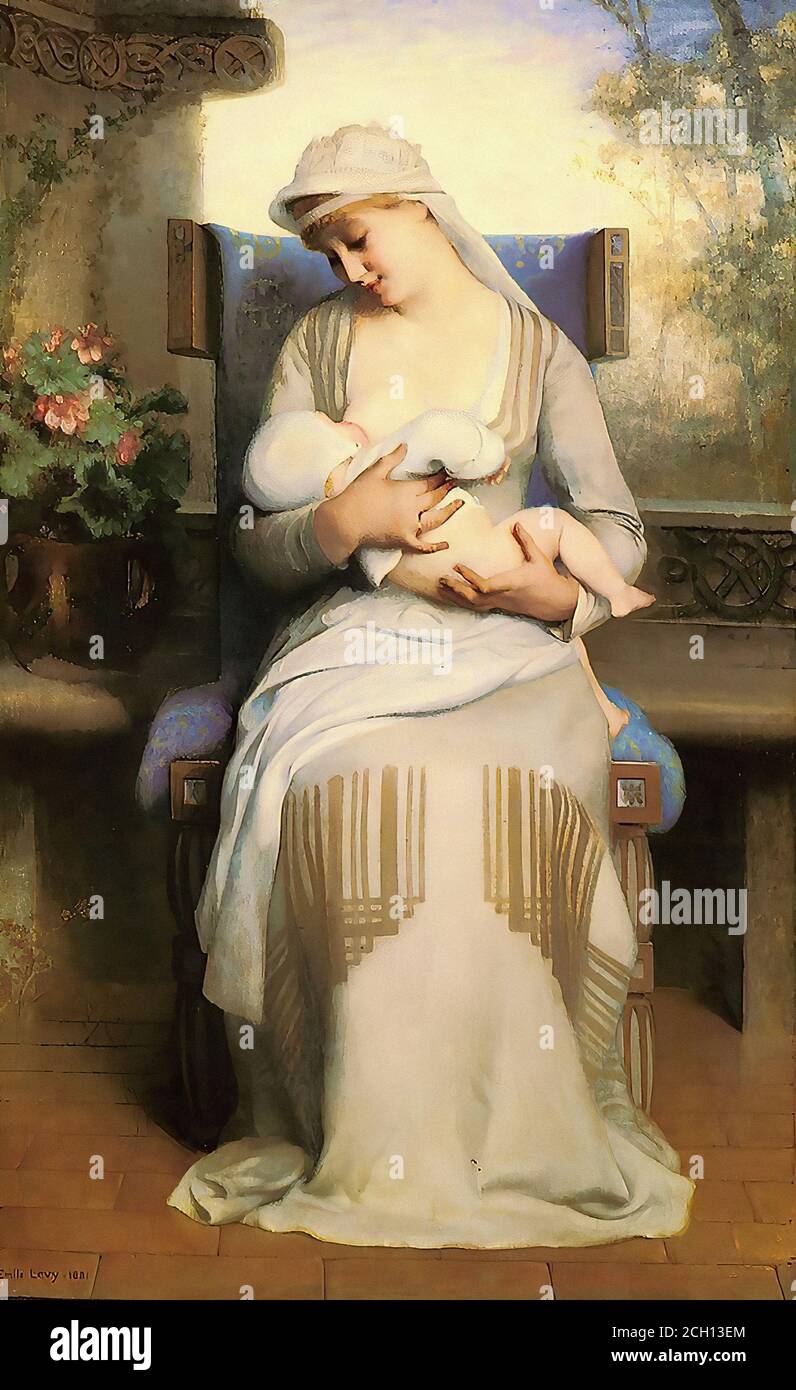 Levy Emile - Young Mother Feeding Her Baby - French School - 19th and ...