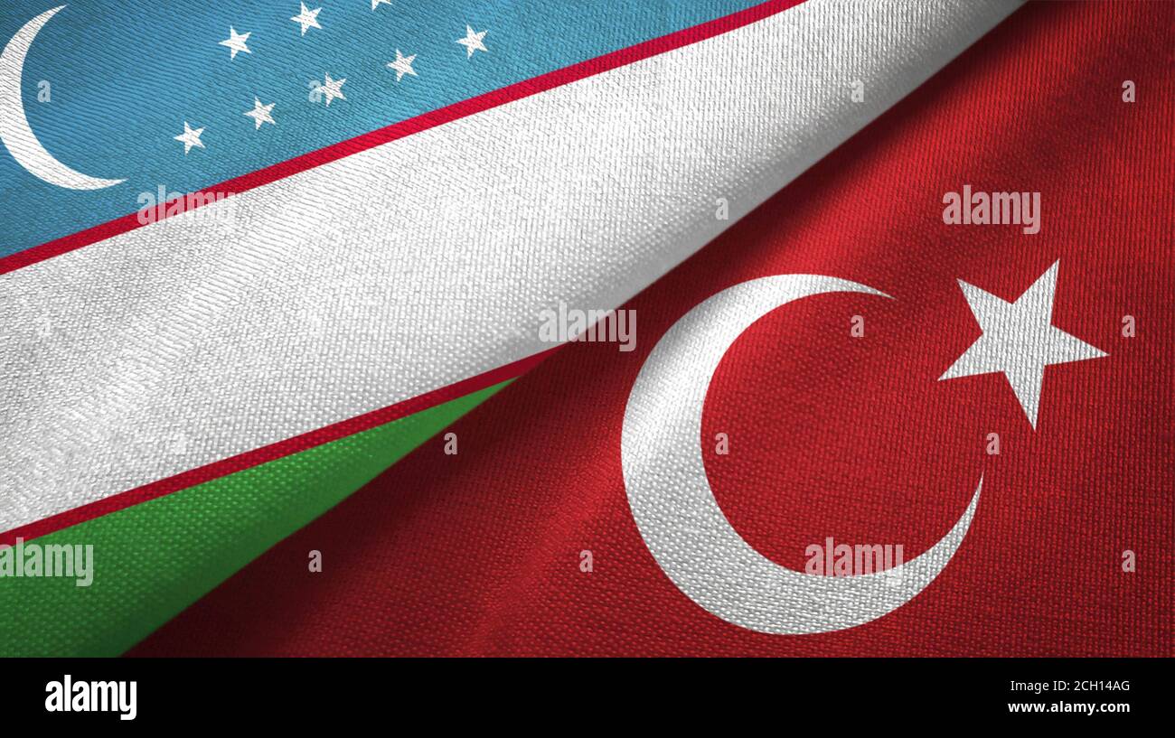 Uzbekistan and Turkey two flags textile cloth, fabric texture Stock ...