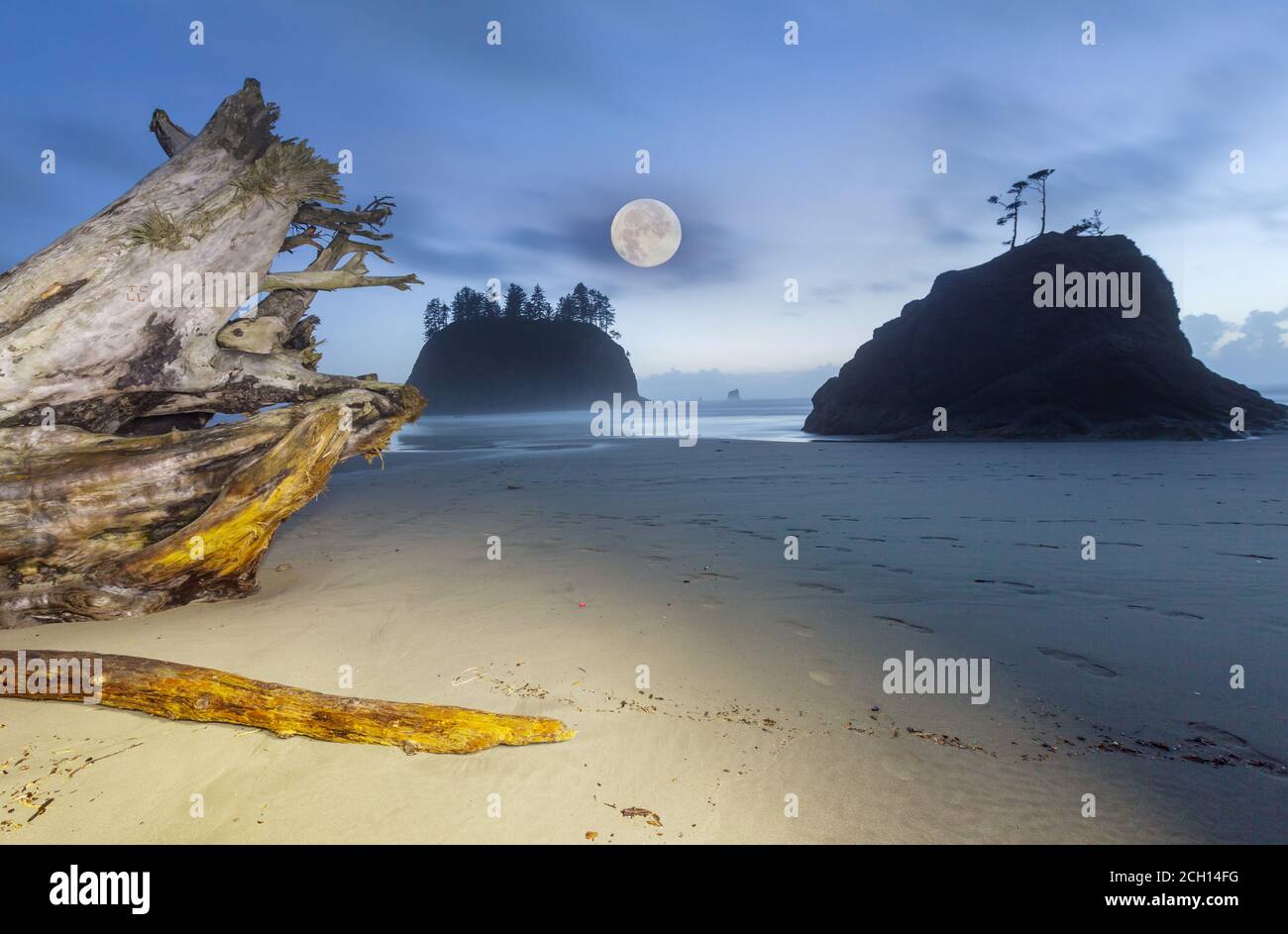 Full moon rising above ocean coast Stock Photo - Alamy