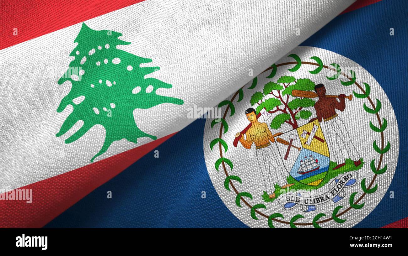Lebanon and Belize two flags textile cloth, fabric texture Stock Photo ...